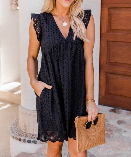 Camisa Black Eyelet Lace Accent V Neck Pocket Flutter Sleeve Dress