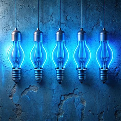 Five Light Blue Neon Bulbs On White Wall With Glowing Blue Neon Lights