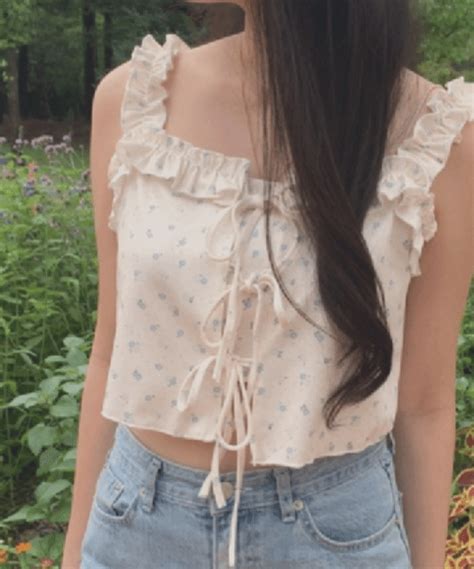 하늘색 플라워 스퀘어넥 프릴 리본 크롭 나시 민소매 블라우스 여름 에이블리