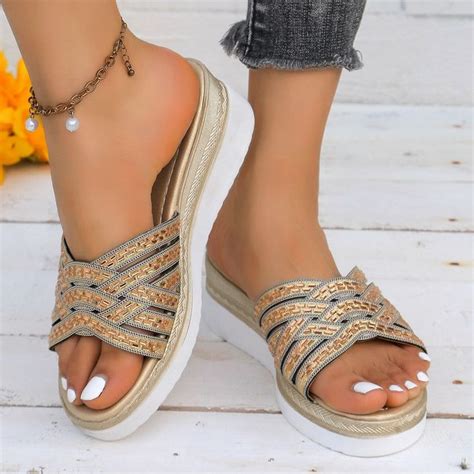 Rhinestone Open Toe Wedge Sandals In 2024 Open Toe Wedges Wedge