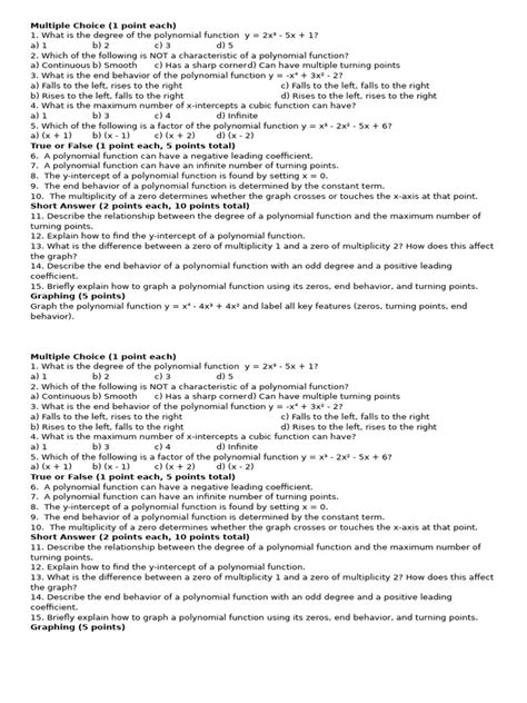 Graphing Polynomial Functions Quiz Pdf Polynomial Zero Of A Function