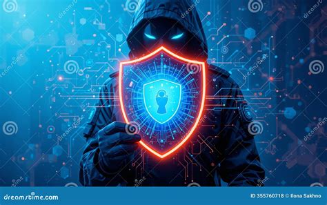 Hooded Hacker Holding A Glowing Shield In A Digital Environment Stock
