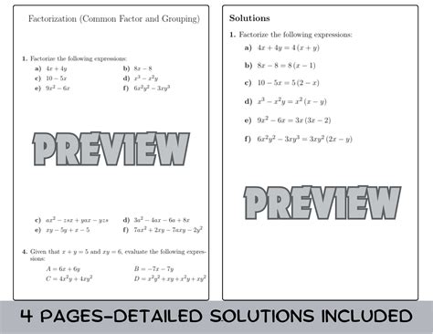 Factorization Common Factor And Grouping Worksheet No 3 With Solutions Teaching Resources