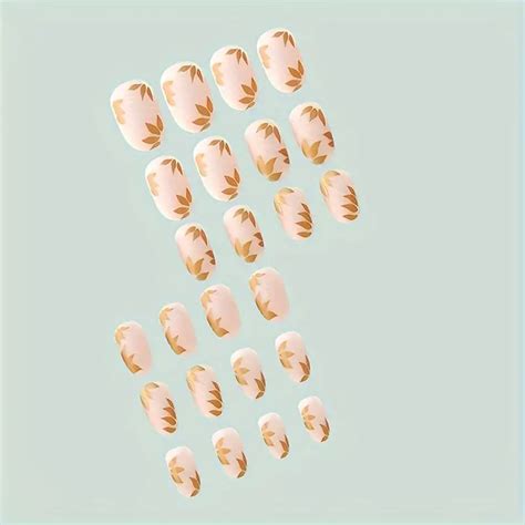 24pcs 짧은 타원형 황금 잎 디자인 프레스 온 손톱 젤리 접착제 및 네일 파일 Diy 매니큐어를위한 세련 Temu