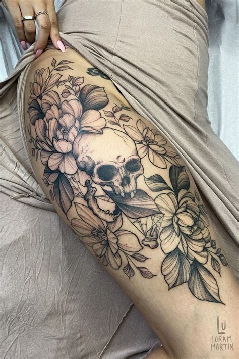 Skull And Floral Tattoo Flower Thigh Tattoos Floral Thigh Tattoos