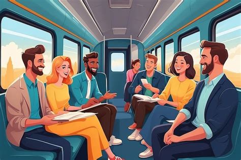 Hombres y mujeres jóvenes sonrientes viajando en tren Gente alegre