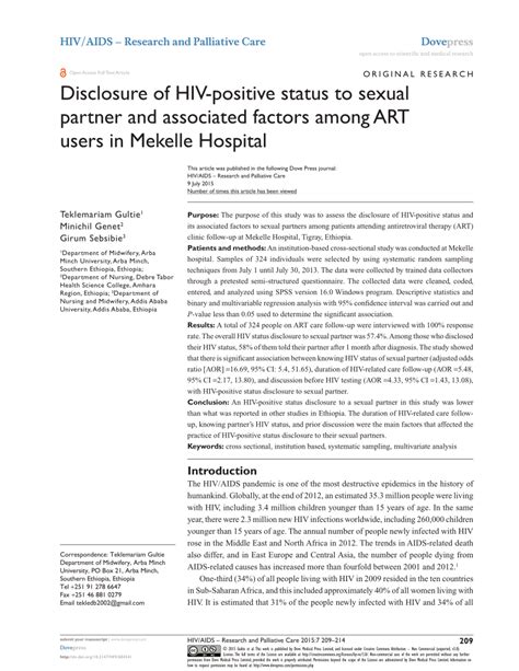 Pdf Disclosure Of Hiv Positive Status To Sexual Partner And Associated Factors Among Art Users
