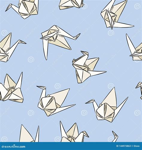 Origami Paper Swan Hand Drawn Seamless Pattern In Pastel Colors Stock
