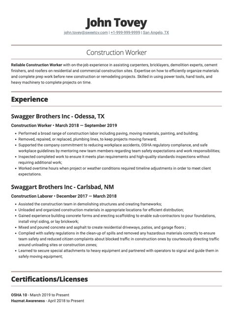 Resume Example For Construction Worker And Resume Template