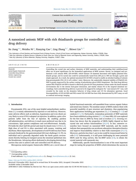 Pdf A Nanosized Anionic Mof With Rich Thiadiazole Groups For
