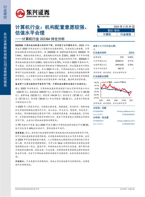 计算机行业2023Q4持仓分析机构配置意愿较强估值水平合理 洞见研报 行业报告