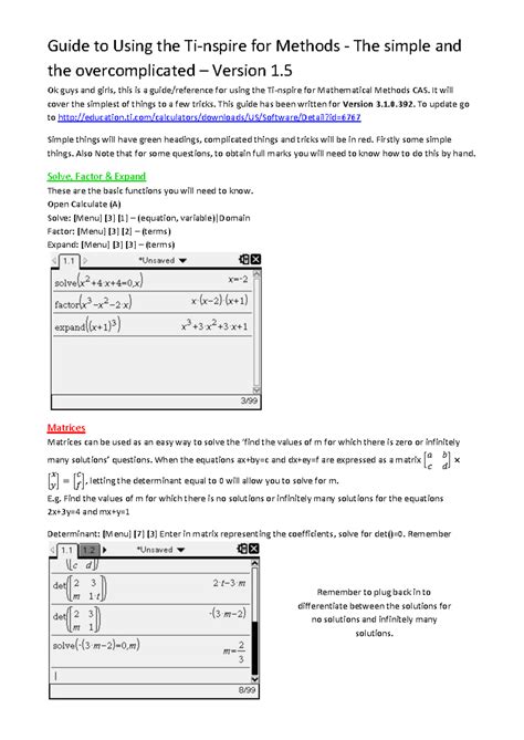 Using Ti Inspire Methods Guide To Using The Ti Nspire For Methods The Simple And The Studocu