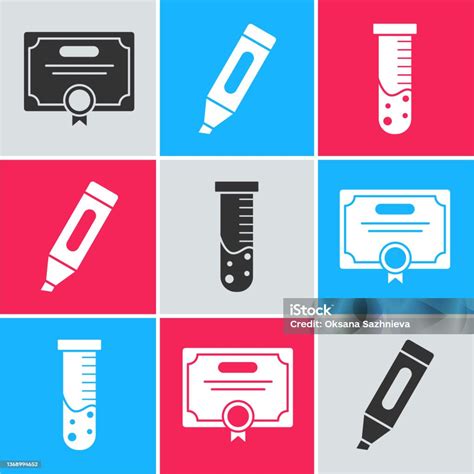 인증서 템플릿 마커 펜 및 테스트 튜브 및 플라스크 화학 실험실 아이콘을 설정합니다 벡터 거리표식에 대한 스톡 벡터 아트 및 기타 이미지 Istock