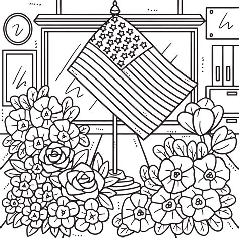 Memorial Day American Flag With Flowers Coloring 20119110 Vector Art At