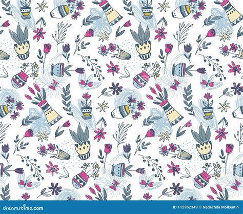 Seamless Pattern With Hand Drawn Floral Nature Motif And Spring