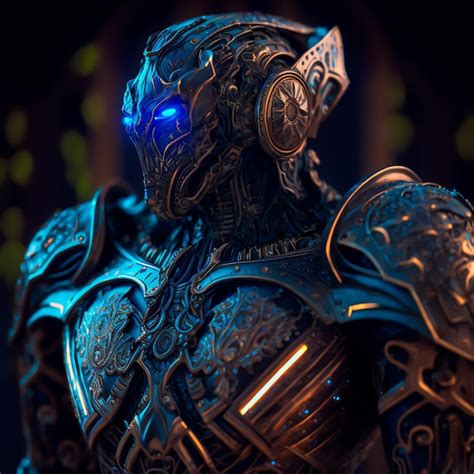 Premium Photo Science Fiction Robot Soldier Neon Armor On The Streets