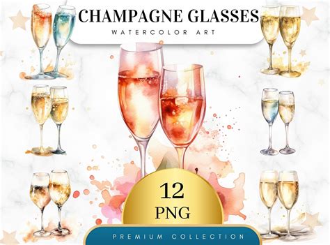 Set Of 12 Watercolor Wedding Champagne Glasses Clipart Wedding