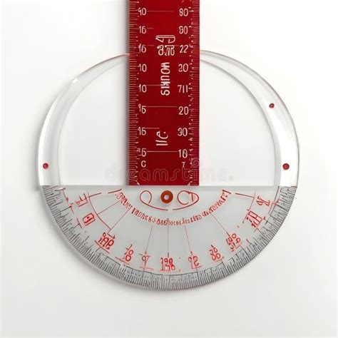 An Intimate Close Up Of A White Drafting Protractor With Red Measurement Lines Stock