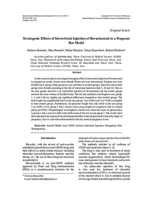 Pdf Teratogenic Effects Of Intravitreal Injection Of Bevacizumab In A Pregnant Rat Model