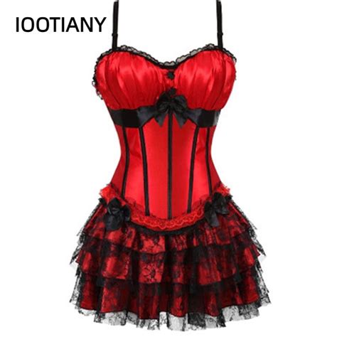 Sexy Corset Dress Red Strip Corset And Lace Mini Short Skirt Straps With Cup Lingerie Showgirl