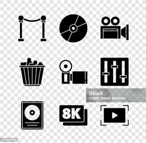 로프 장벽 Cd 또는 Dvd 디스크 시네마 카메라 수상 프레임 8k 울트라 Hd 온라인 플레이 비디오 팝콘 상자 및 아이콘을 설정합니다 벡터 0명에 대한 스톡 벡터 아트 및