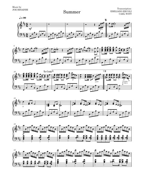 Summer Joe Hisaishi Sheet Music For Piano Solo