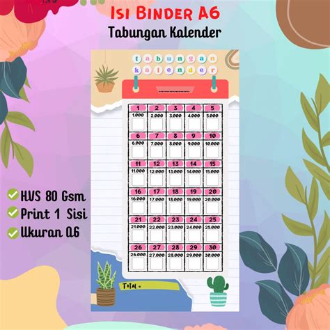 Jual Isi Binder A6 Saving Challenge Tantangan Menabung Tabungan
