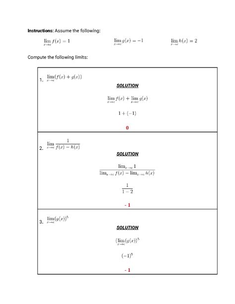 SOLUTION Basic Calculus Answer Sheet Finding The Limit Using Limit Theorems Studypool