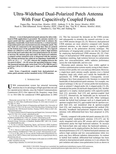 Pdf Ultra Wideband Dual Polarized Patch Antenna With Four Capacitively Coupled Feeds