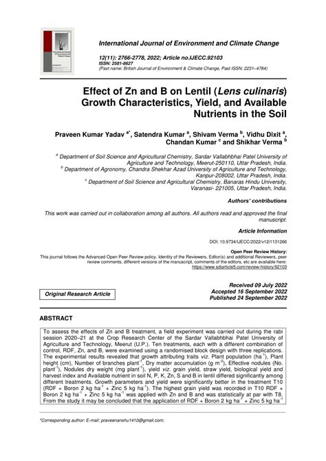 Pdf Effect Of Zn And B On Lentil Lens Culinaris Growth Characteristics Yield And Available