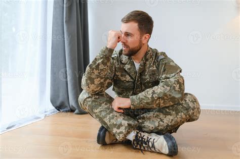 Depressed Man Recalling War Days Portrait Of Veteran Soldier Who Has