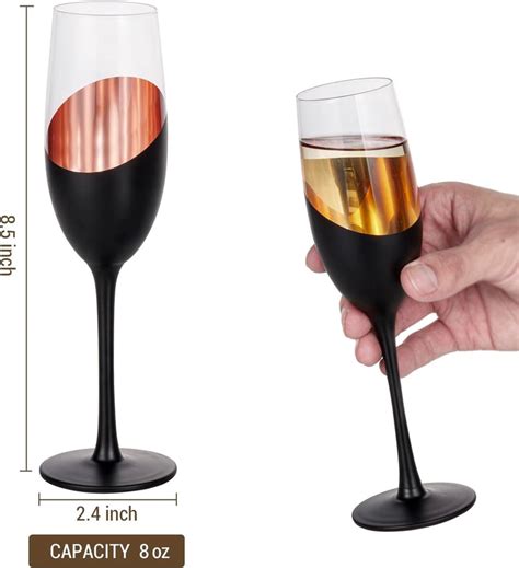 Set Of 4 8oz Stemmed Champagne Flutes With Angled Matte Black And Cop