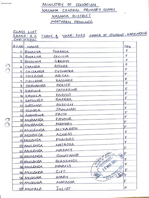 Sample Class List Pdf