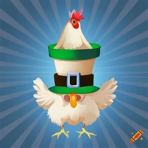 White Chicken With Leprechaun Hat On Blue Starburst Background On Craiyon