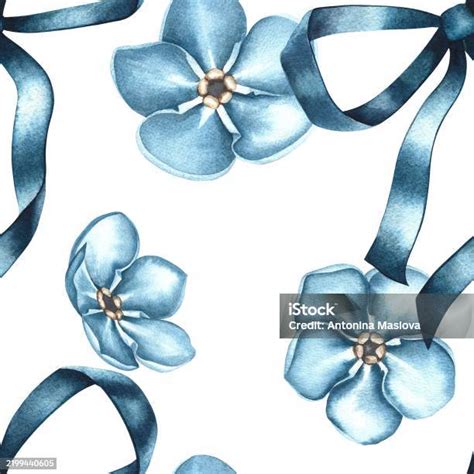 파란색 물망초와 리본의 리본이 있는 간단한 패턴 일러스트레이션은 손으로 수채화로 이루어집니다 흰색 배경에 직물 벽지 인쇄물 포장지 배경용 0명에 대한 스톡 벡터 아트 및