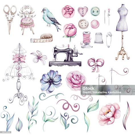수채화 꽃 복고풍 스타일로 바느질하는 빈티지 세트입니다 기계 가위 마네킹 핀 재단사 및 공예 취미용 바늘 양장점 워크숍 낭만적인 클립 아트입니다 재봉 도구 가구가 있는 패션
