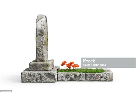 흰색 배경에 고립 된 잔디와 돌 무덤 3 차원 일러스트 레이 션 3차원 형태에 대한 스톡 사진 및 기타 이미지 3차원 형태