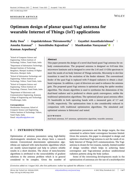 Optimum Design Of Planar Quasi‐yagi Antenna For Wearable Internet Of