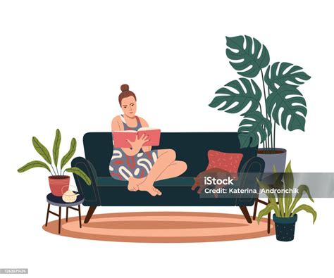 Gadis Membaca Buku Di Rumah Gadis Di Sofa Dengan Buku Ilustrasi Vektor