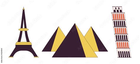 Touristic Attractions D Linear Cartoon Objects Set Sightseeing Landmarks Isolated Line Vector