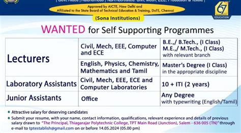 Thiagarajar Polytechnic College Salem Wanted Faculties Facultytub