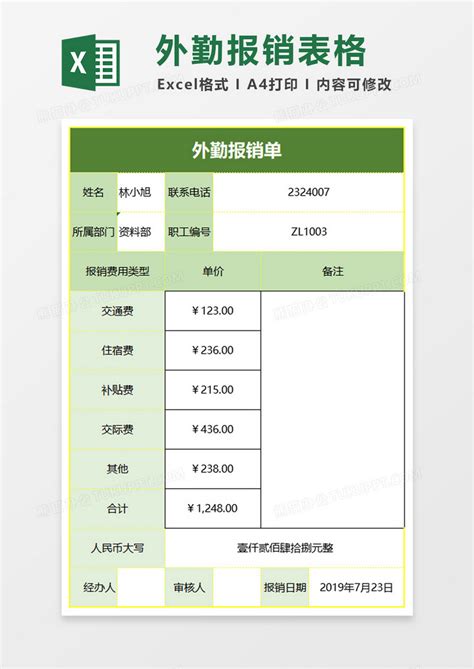 报销单实例拓展excel模板下载 熊猫办公