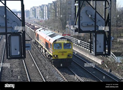 A Freightliner Class 59 Locomotive Standing At A Set Of Signals Just