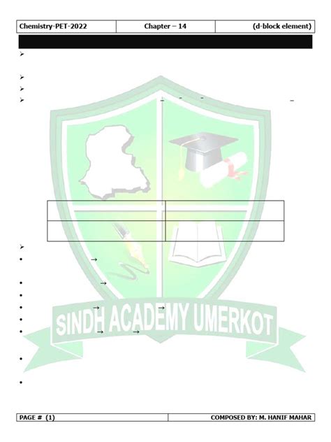 D Block Element Pdf Transition Metals Ion
