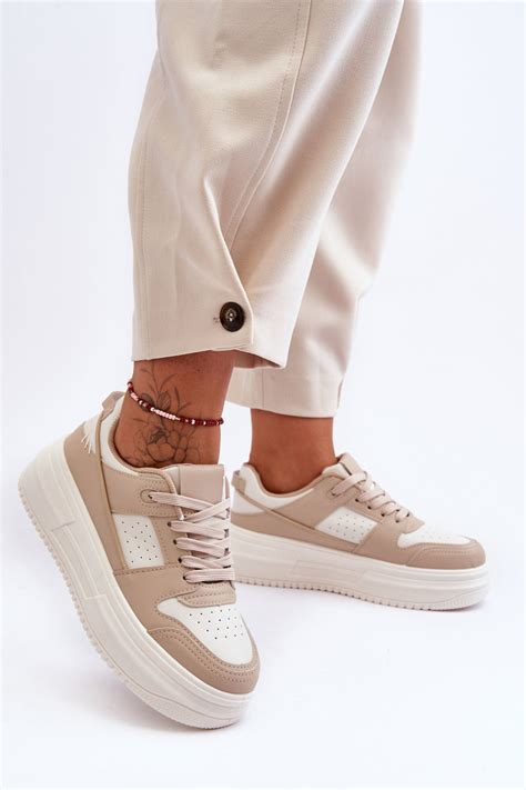Womens Leather Sport Shoes On Massive Platform Beige Belisso Cheap