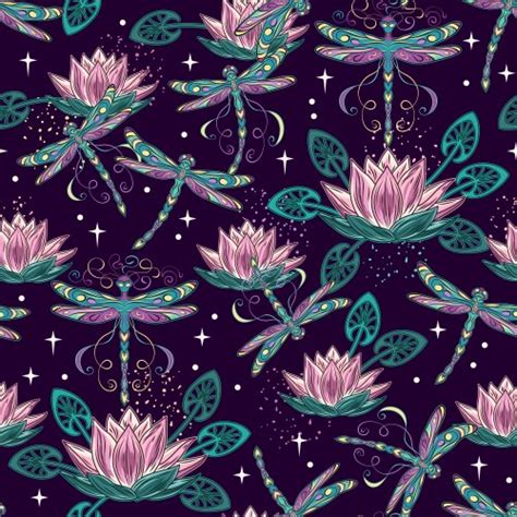 Celestial Pattern With Lotus Dragonflies Moon Vector Image