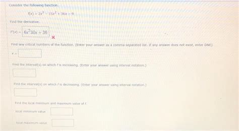 Solved Consider The Following Function F X 2x3−15x2 36x−9