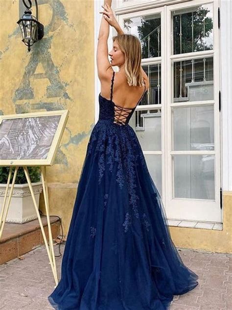 A Line V Neck Backless Navy Blue Lace Long Prom 2020 Open Back Navy B