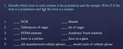 Identify Which Item In Each Column Is The Population And The Sample