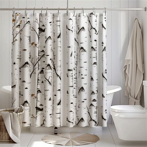 Neutral Birch Tree Pattern Shower Curtain Set Monochrome Bathroom Decor